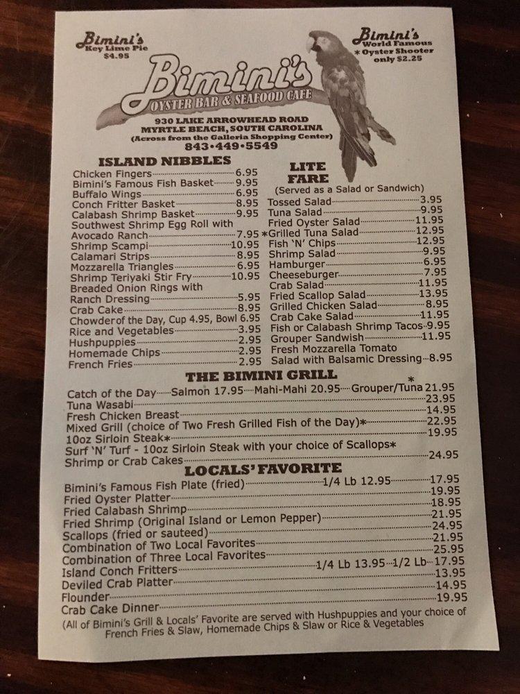 Menu at Bimini's Oyster Bar & Seafood Market - MYRTLE BEACH, Myrtle Beach