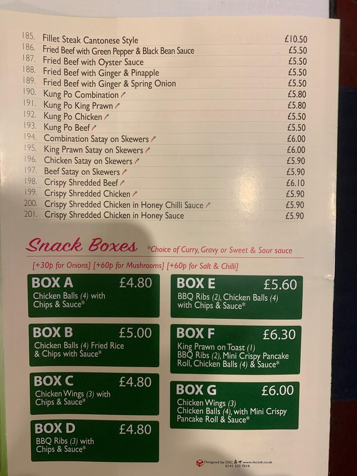 Menu at Lee Palace restaurant, Glasgow