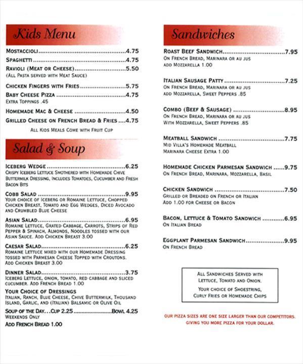 Menu at Mid Villa Pizza pizzeria, Palos Heights, S Harlem Ave