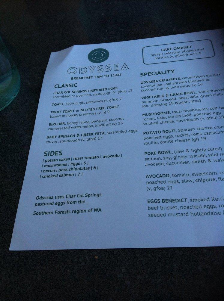 Menu at Odyssea restaurant, City Beach