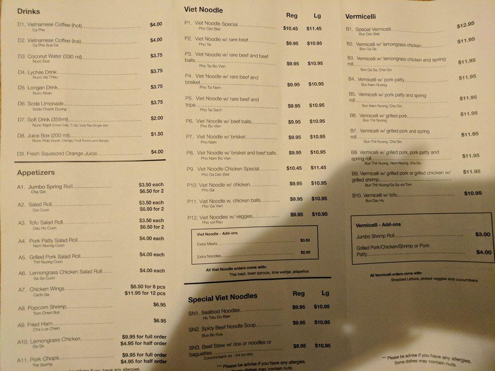 Menu at The Viet Noodle Guy restaurant, Burnaby