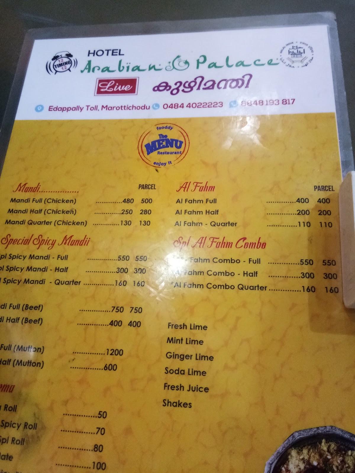 Menu at Arabian Palace Edappally, Kochi, Marottichodu