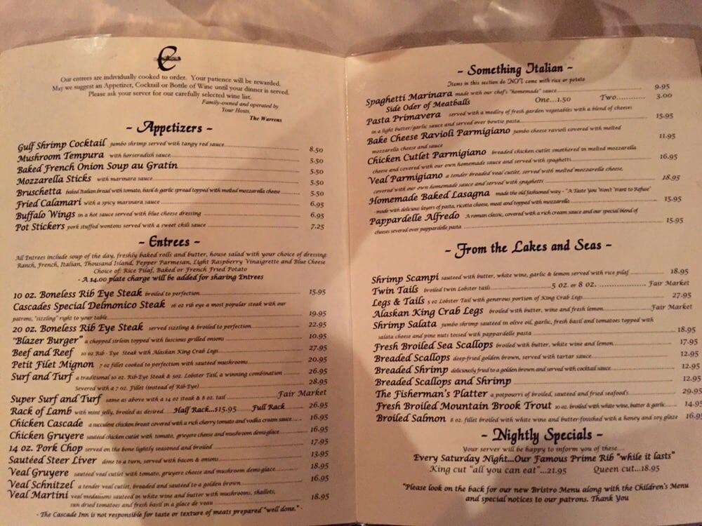 Menu at Cascade Inn restaurant, Wilmington