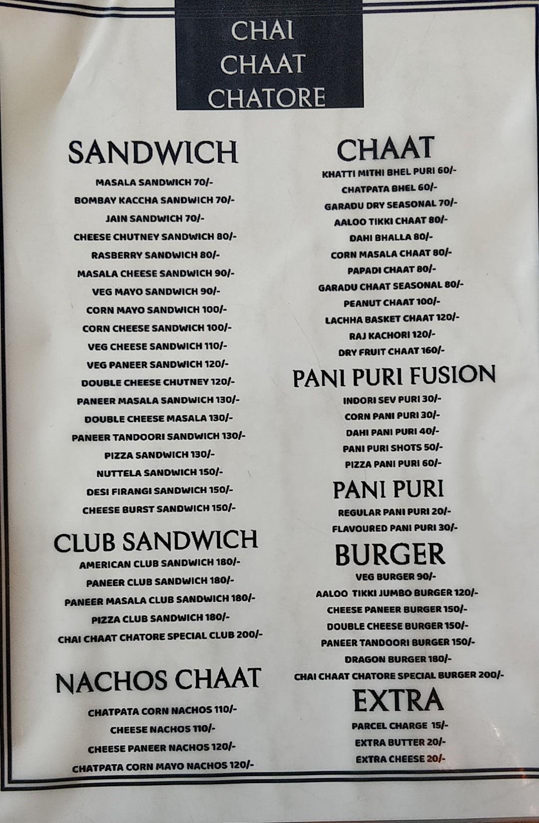 Menu at Chai Chaat Chatore, Indore, inside Sapna Sangeeta Road