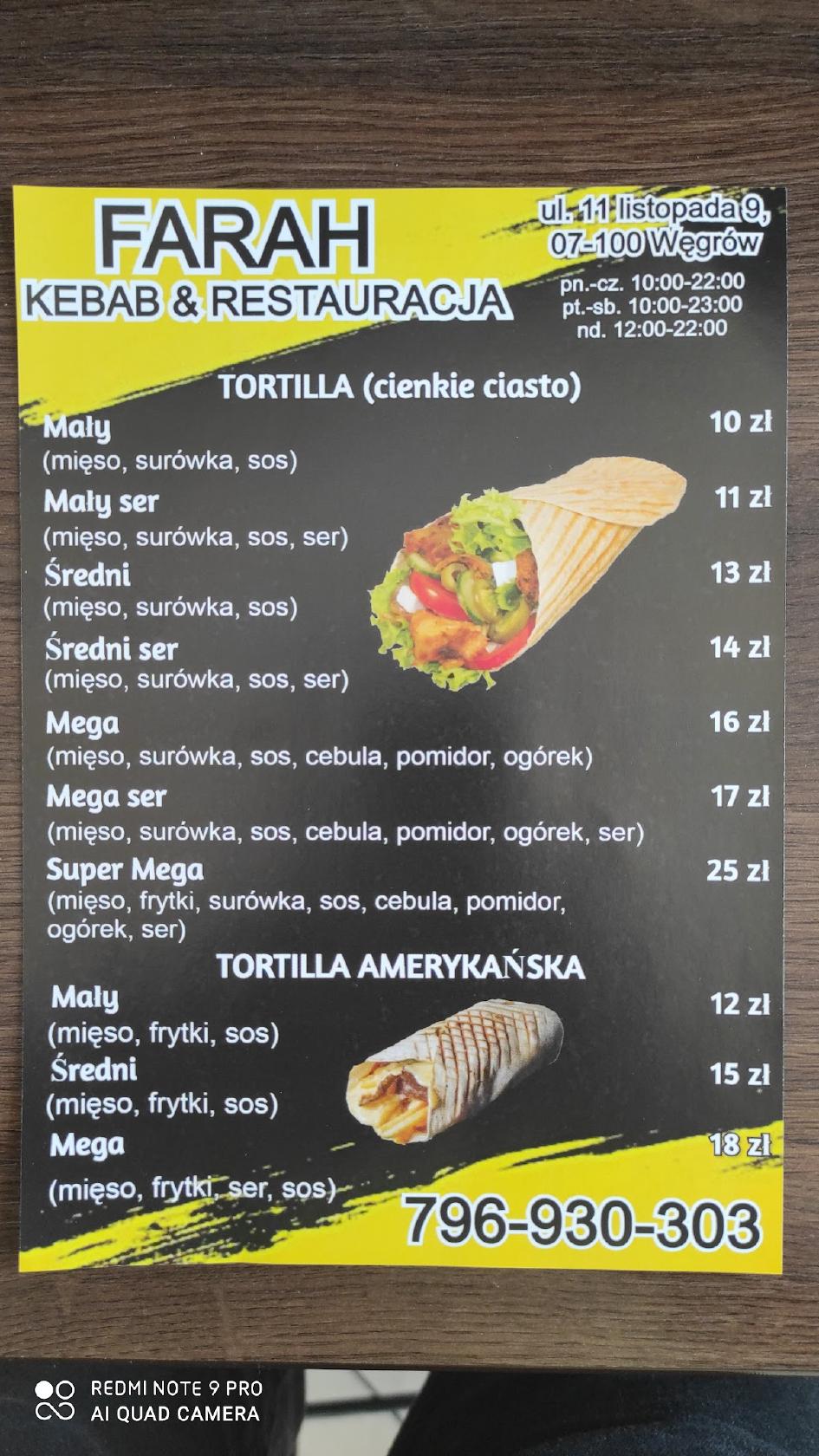 Menu at FARAH KEBAB & RESTAURANT, Wegrow