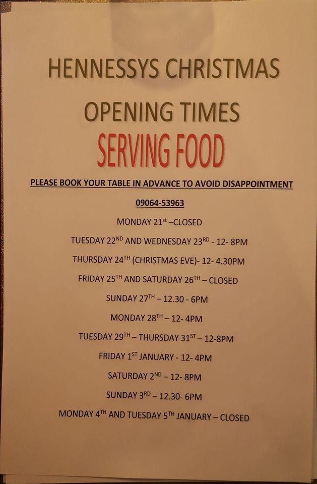 Menu at Hennessy's restaurant, Ferbane
