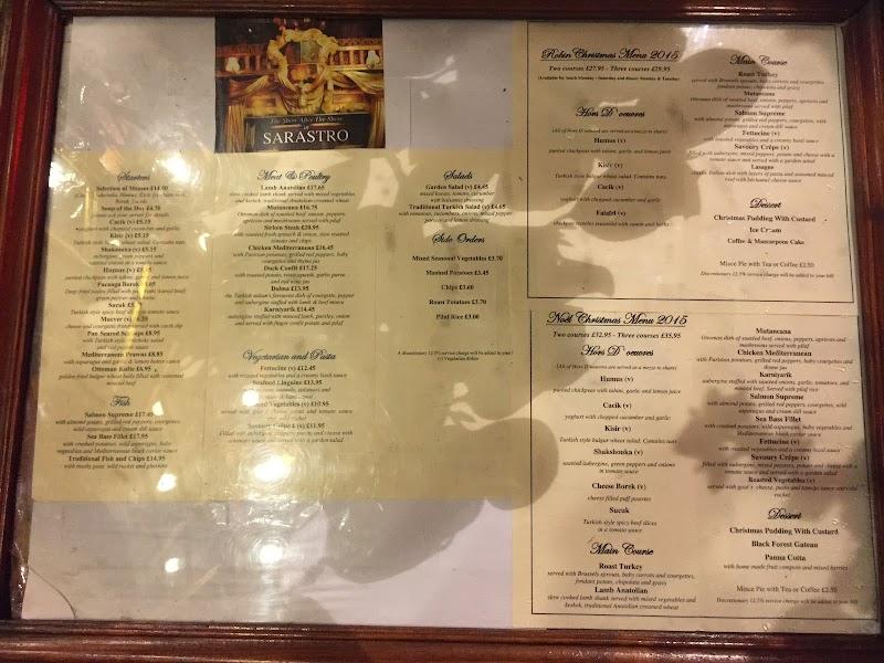 Menu at Sarastro restaurant, London