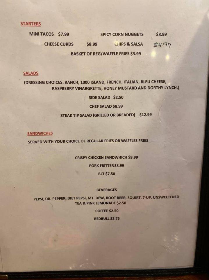 Menu at Slash J Saloon pub & bar, Summerset