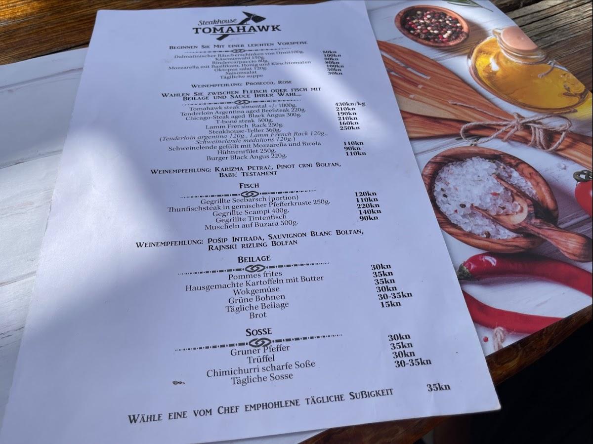 Menu da Steakhouse Tomahawk, Capocesto