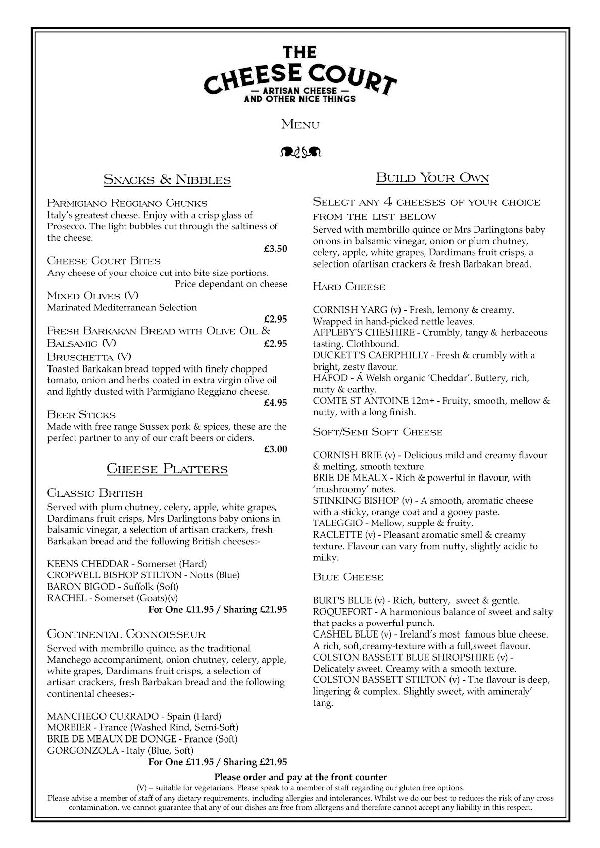 Menu at The Cheese Court, Manchester