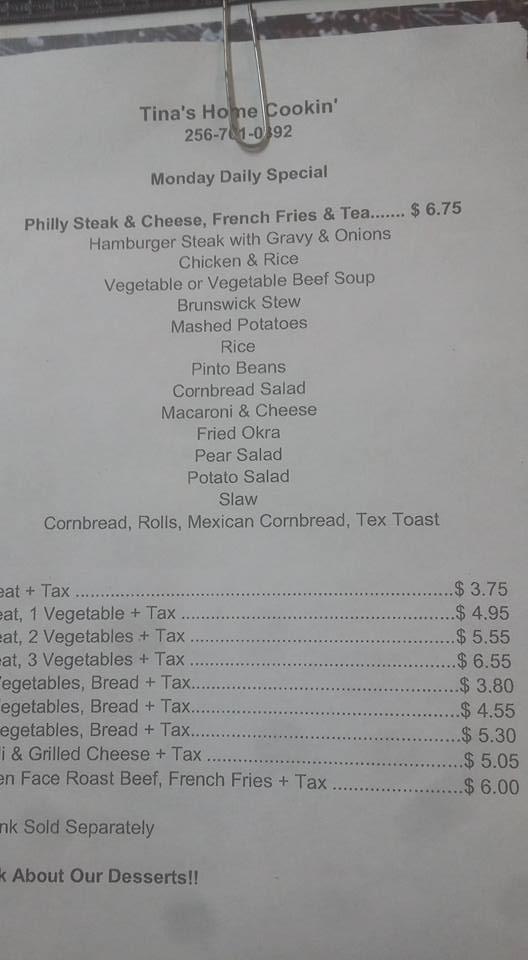 Menu at Tina's Home Cookin' restaurant, Talladega