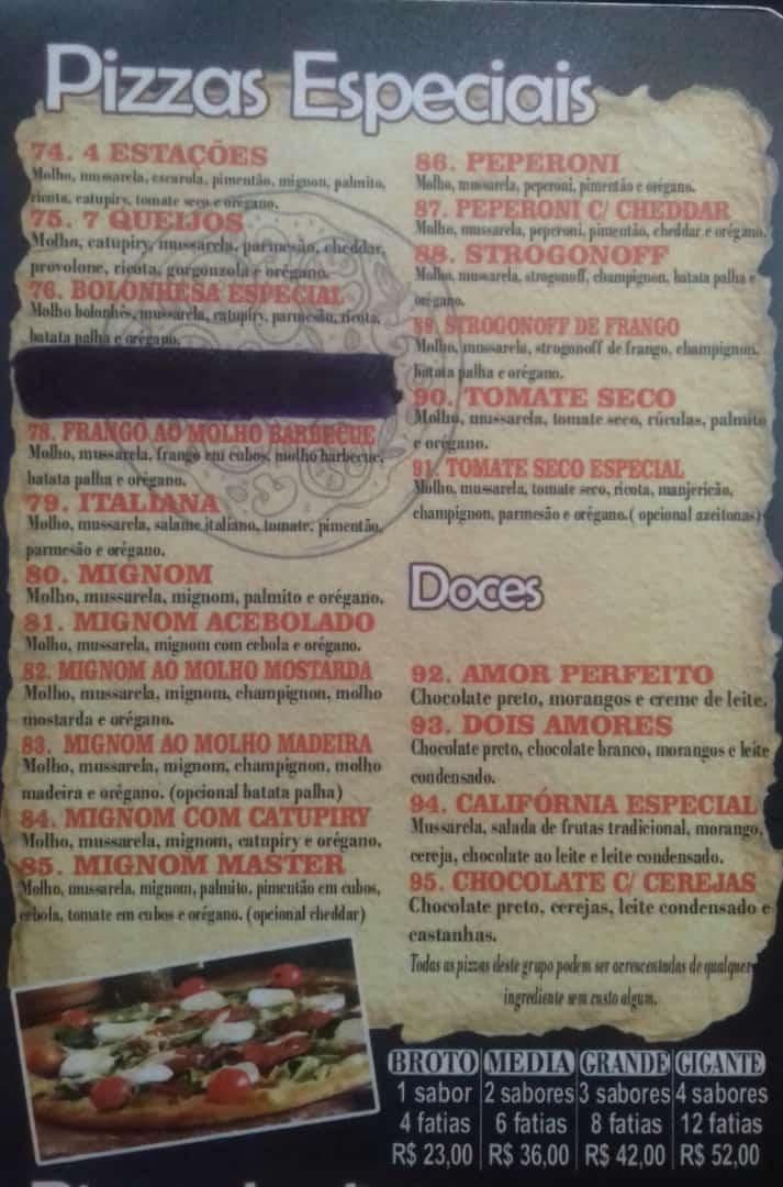 Menu at Top Pizza Acropole restaurant, Curitiba, Rua Rutildo Pulido