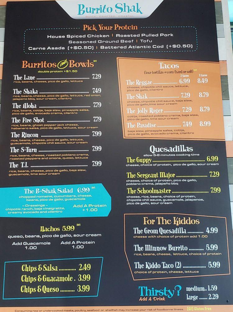 Menu at Burrito Shak restaurant, Wilmington