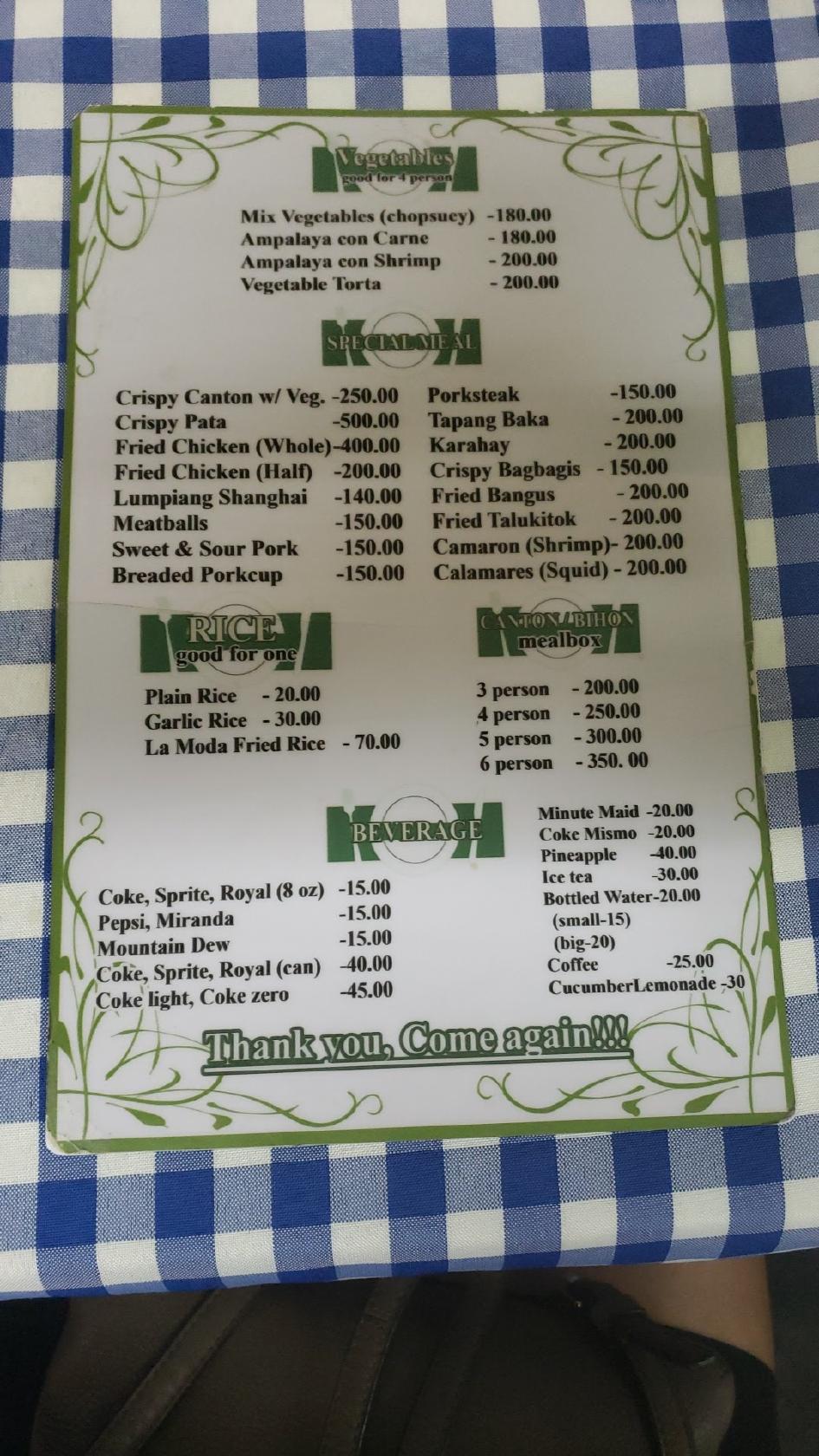 Menu at La Moda Panciteria restaurant, Laoag City, 5HXV+2G8