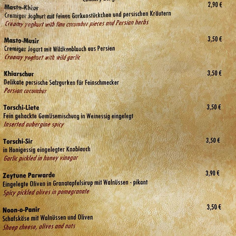 Menu at Shandiz restaurant, Munich
