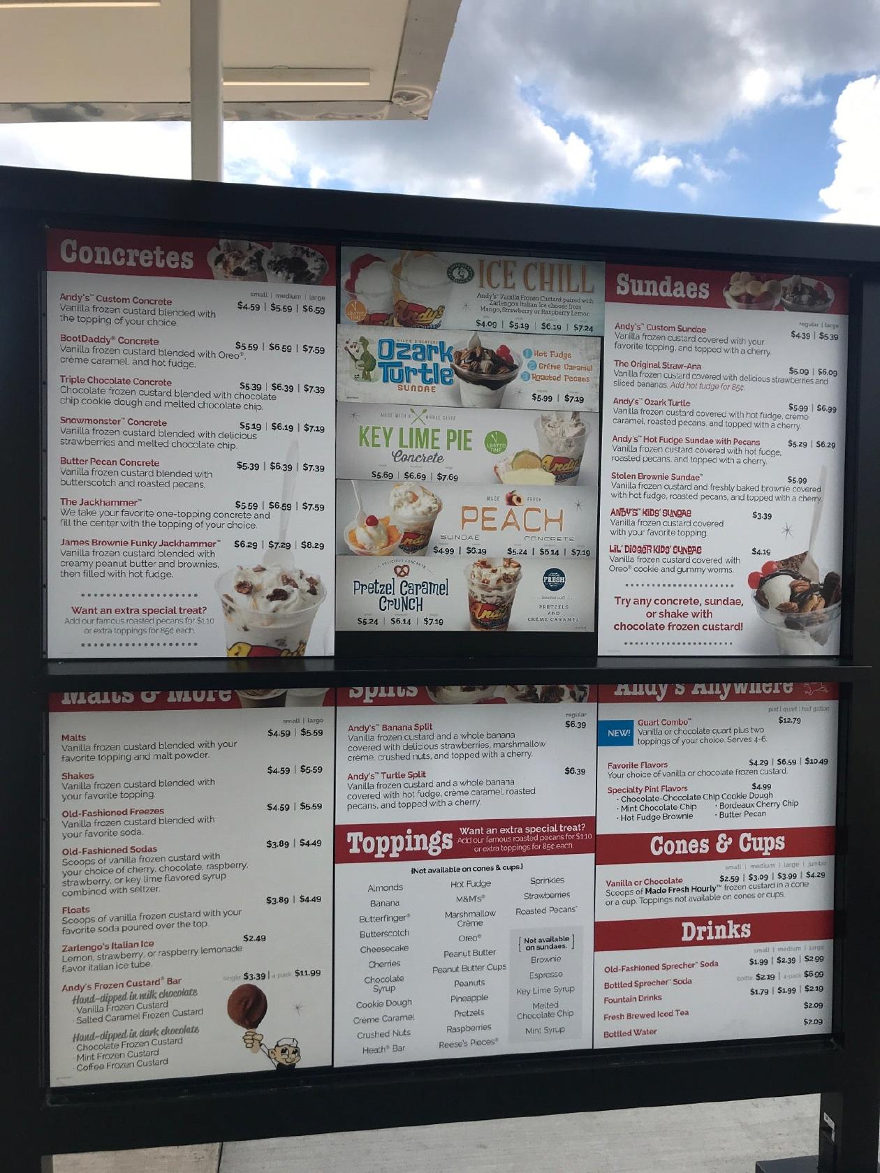 Menu at Andy's Frozen Custard, Naperville, 450 E Ogden Ave