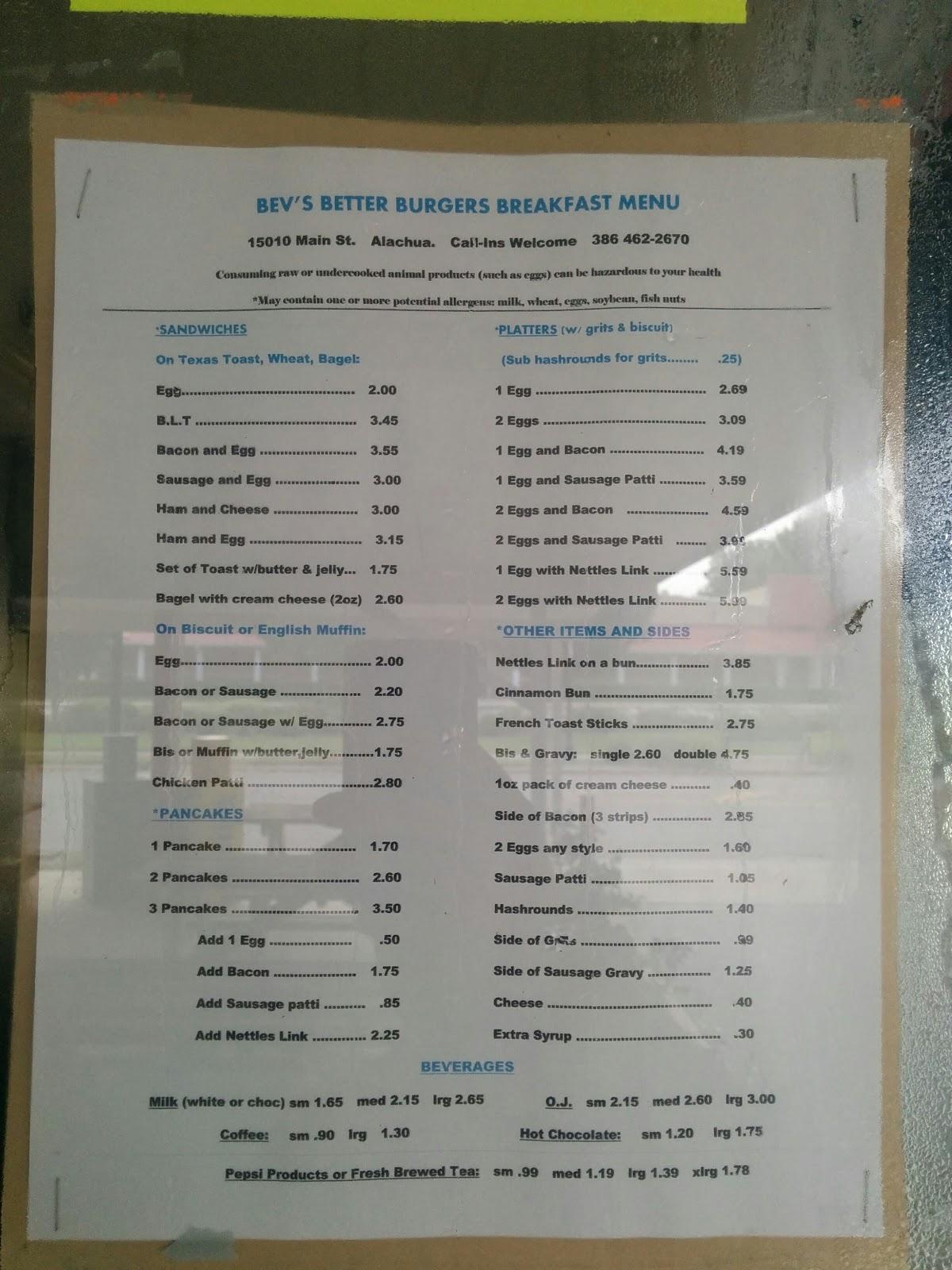 Menu at Bev's Better Burgers of Alachua restaurant, Alachua, N Main St
