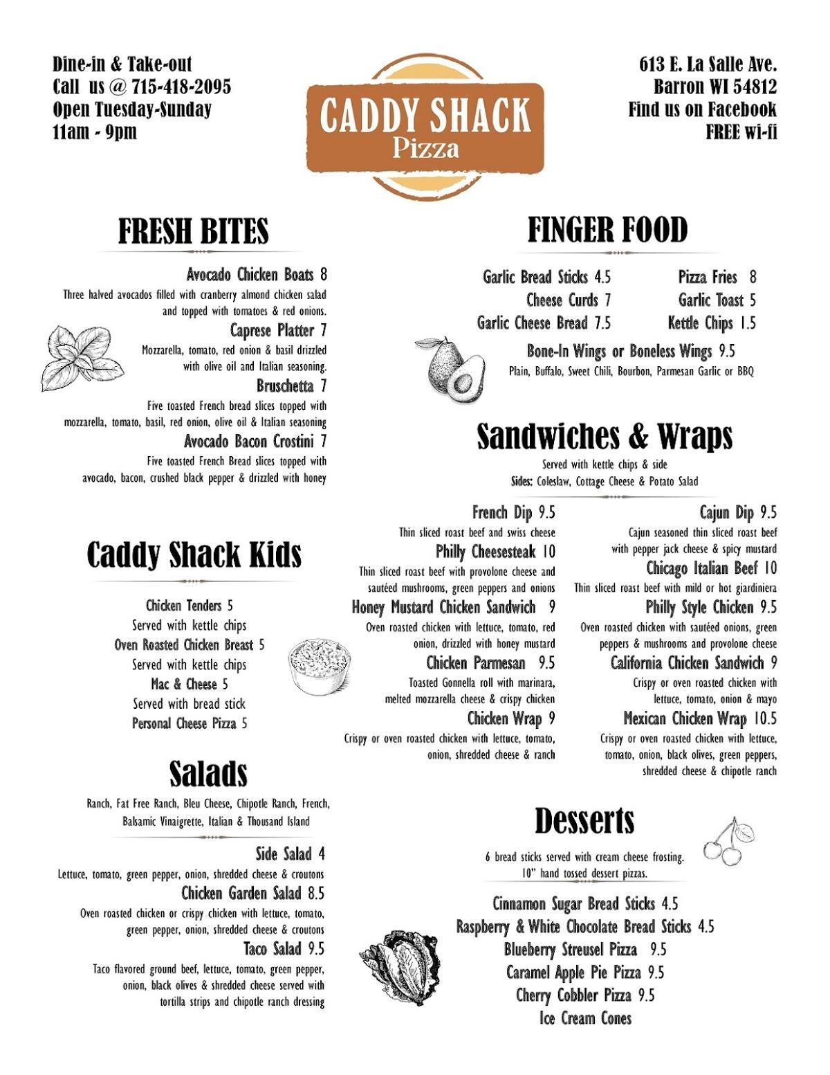Menu at Caddy Shack Pizza pizzeria, Barron, 613 E La Salle Ave