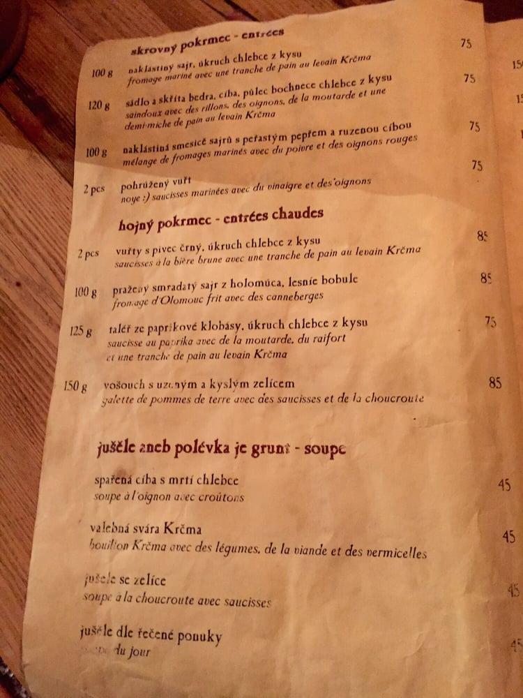 Menu at Krčma pub & bar, Prague, Kostečná 925/4