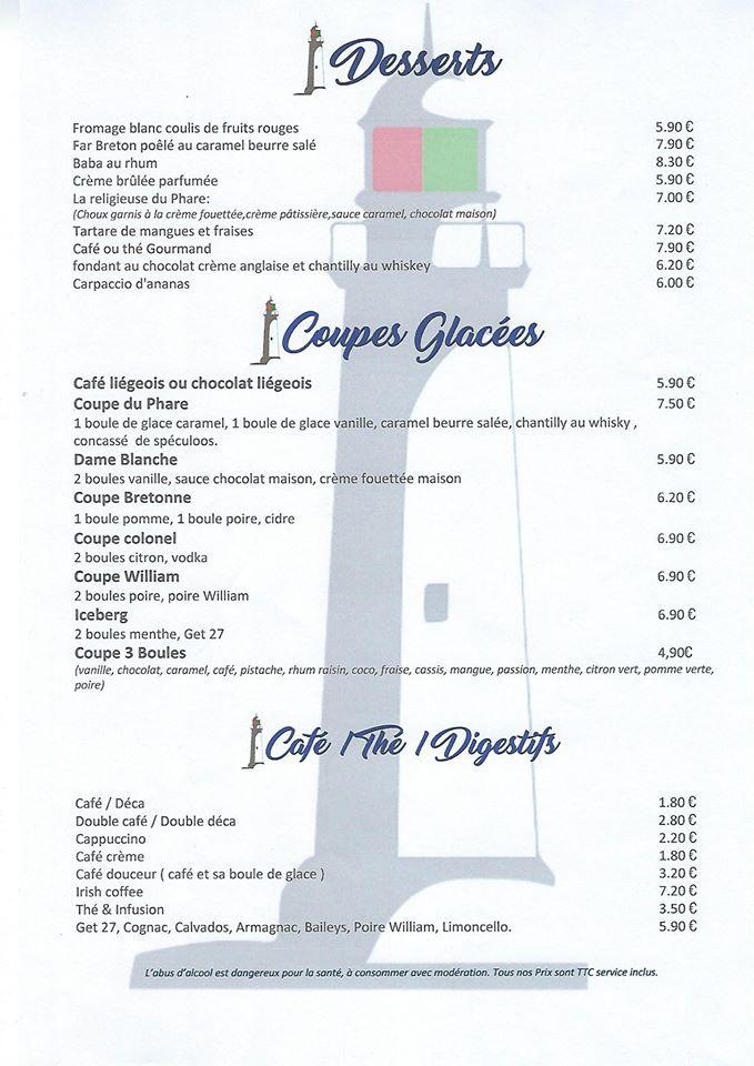 Menu at Le Phare restaurant, Ormoy