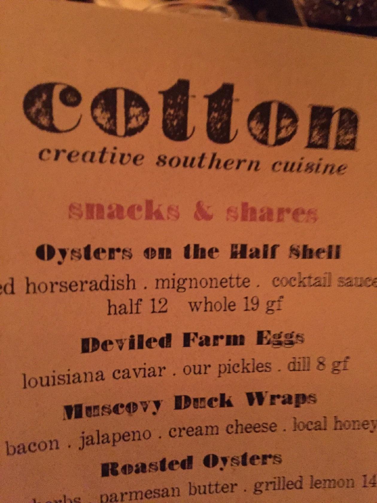 Menu at Restaurant Cotton, Monroe
