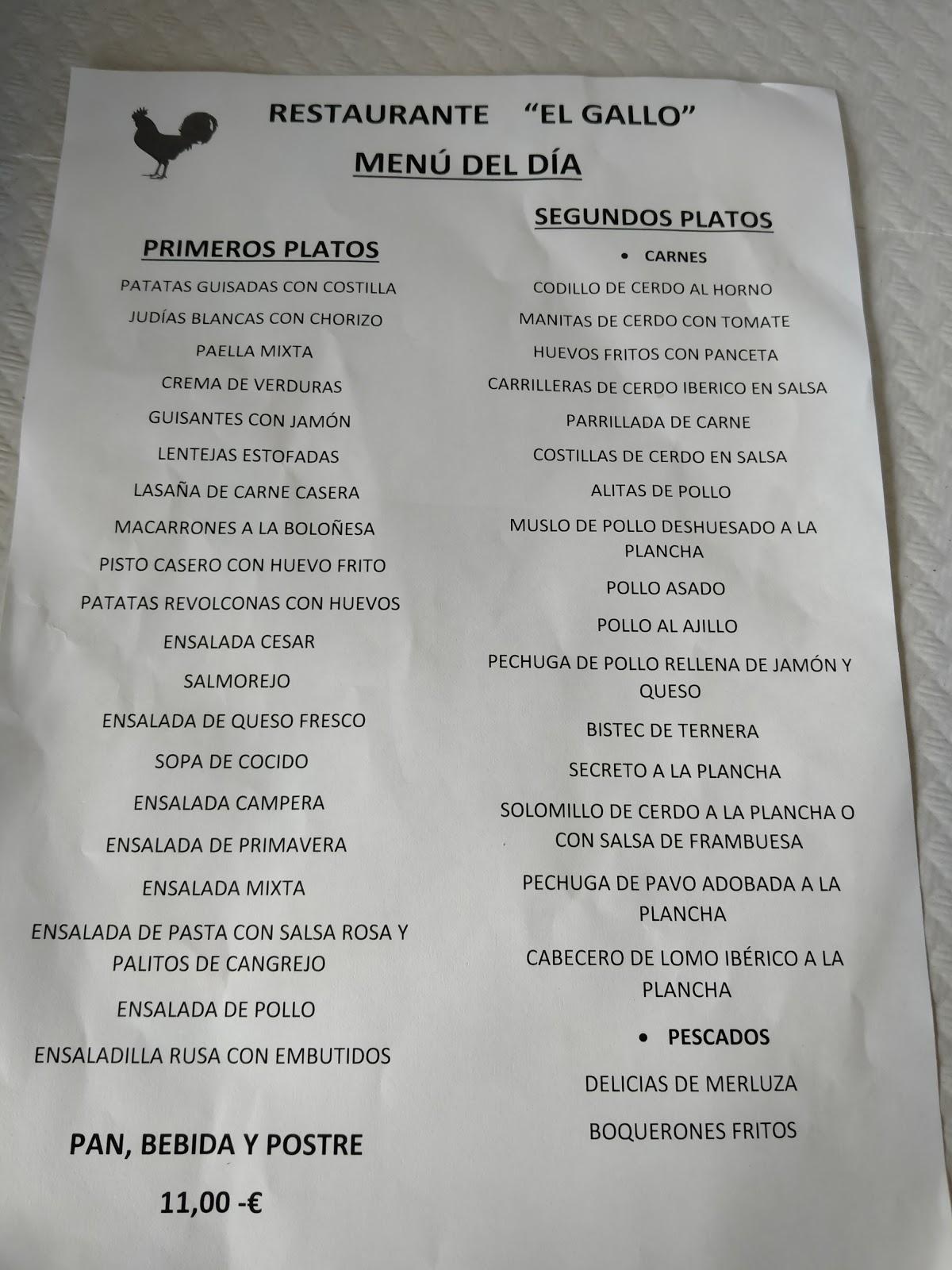 Carta de Restaurante "El Gallo", Casar de Cáceres, Autovía Ruta de la Plata