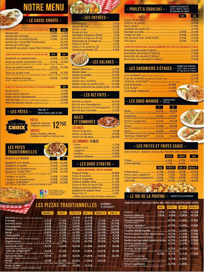 Menu at Stratos Pizzeria, Sherbrooke, 812 Rue Belvédère S