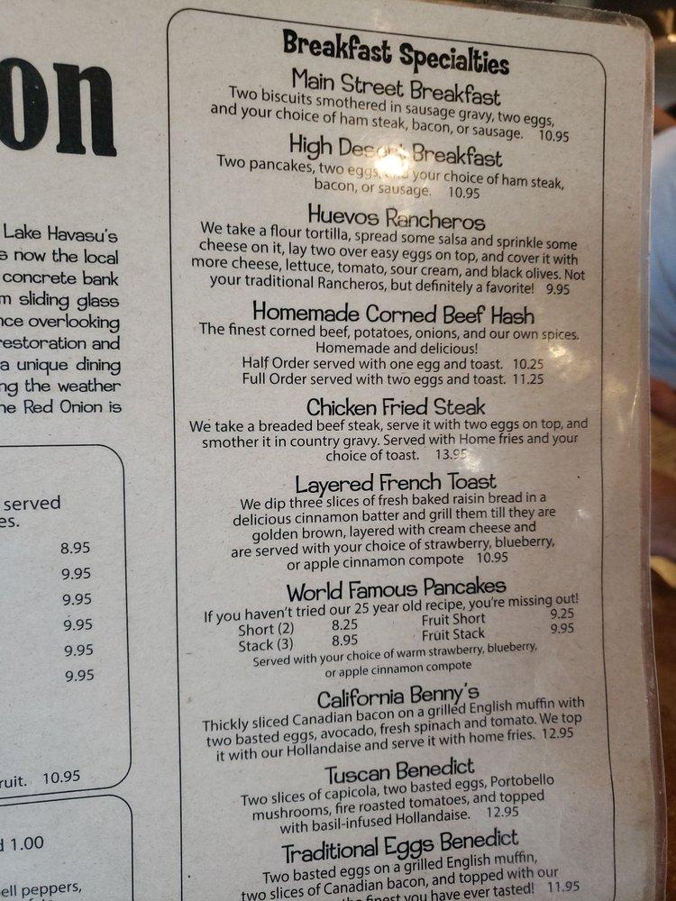 Menu at The Red Onion restaurant, Lake Havasu City