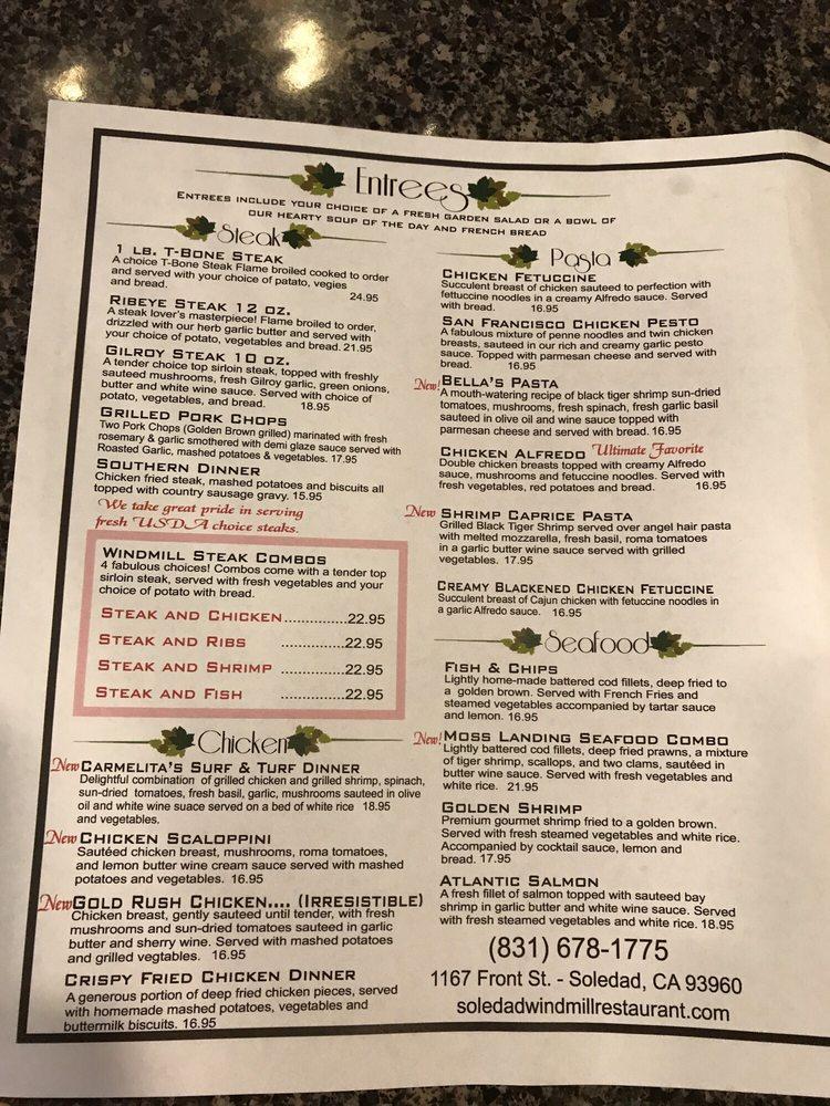 Menu at The Windmill Restaurant, Soledad