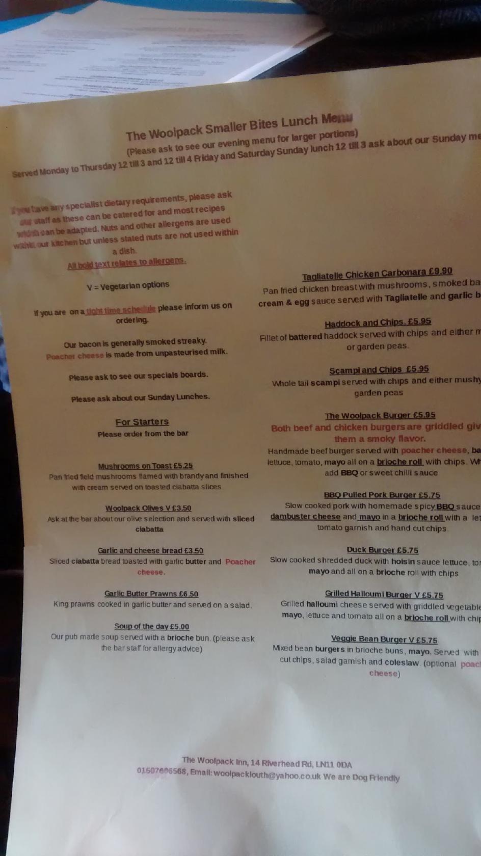 Menu at Woolpack Inn pub & bar, Louth