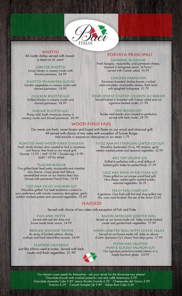 Menu at Baci Italia restaurant, Moncton