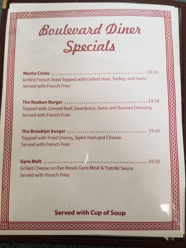 Menu at Boulevard Diner restaurant, Scranton