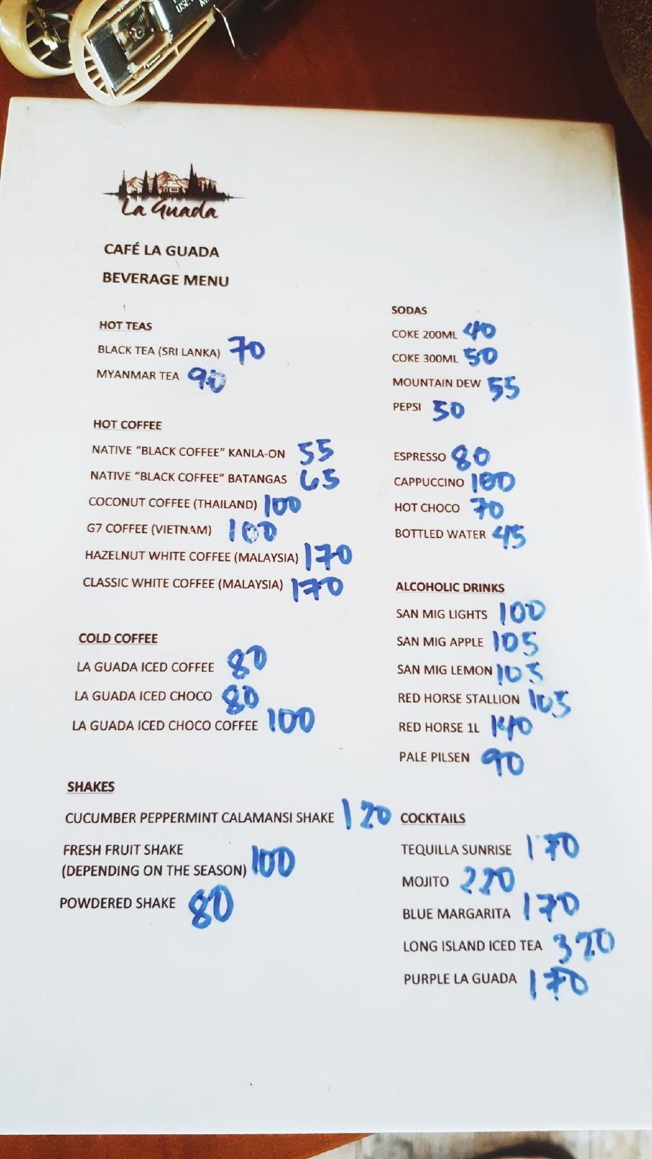 Menu at Cafe La Guada, San Carlos City