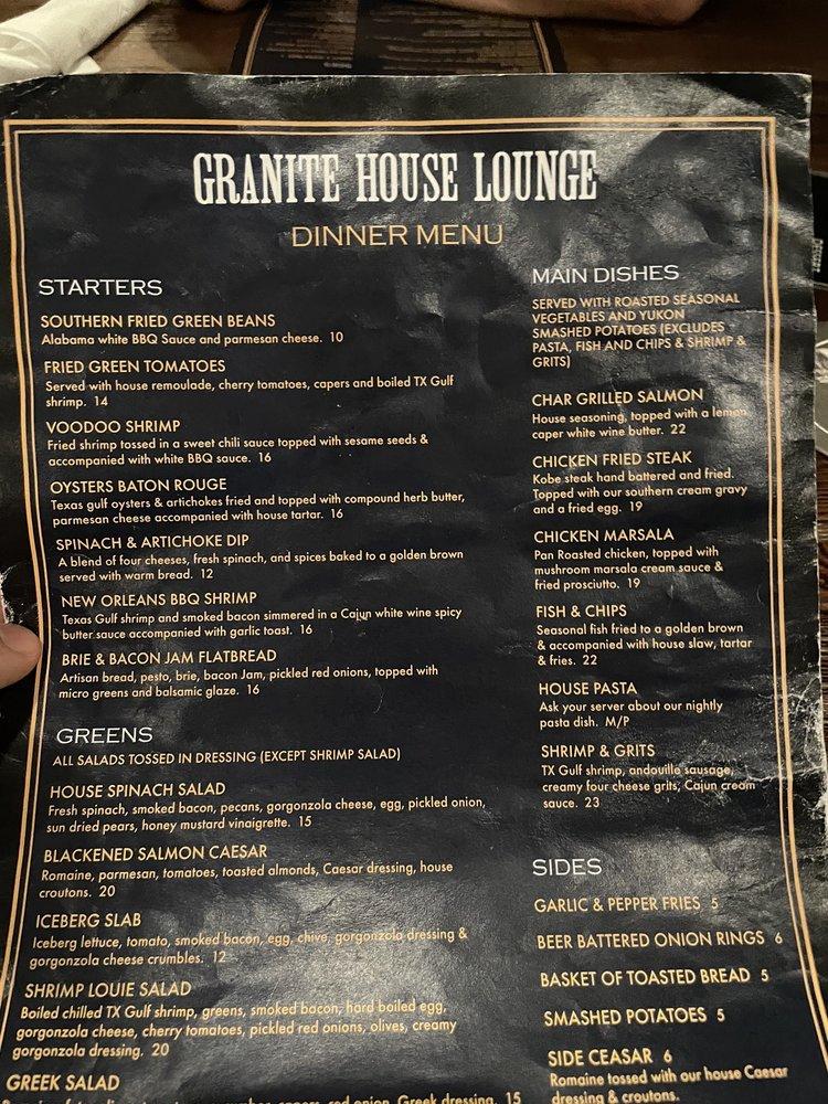 Menu at Granite House Lounge restaurant, Fredericksburg