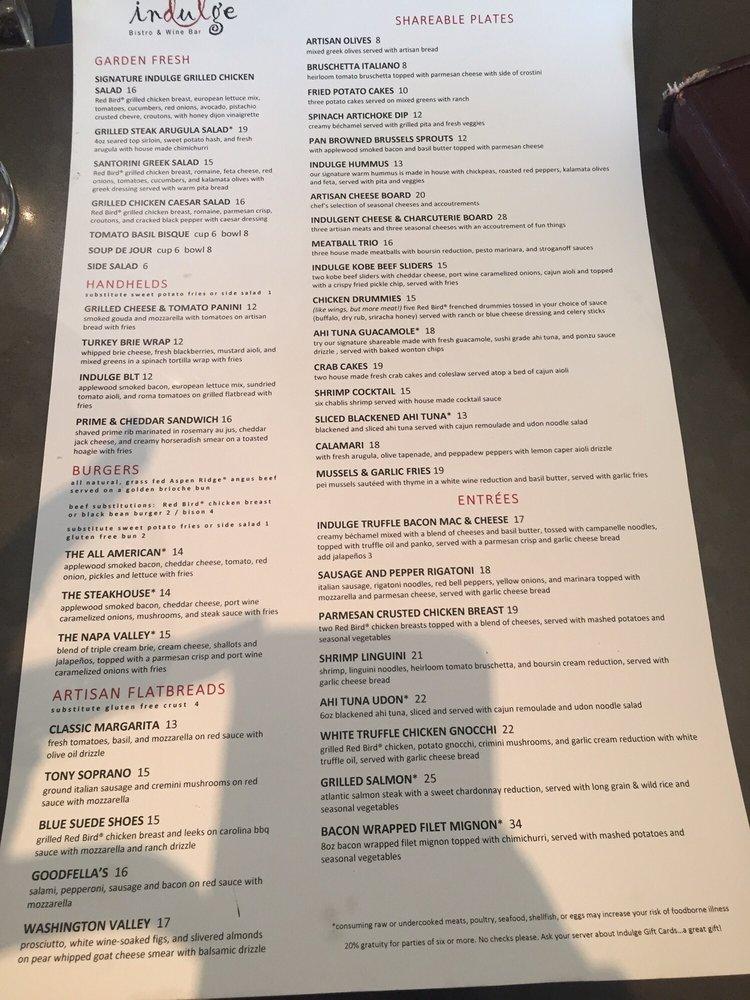 Menu at Indulge Bistro & Wine Bar, Golden, Washington Ave