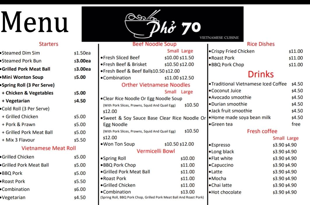 Menu at Pho 70 restaurant, Murray Bridge