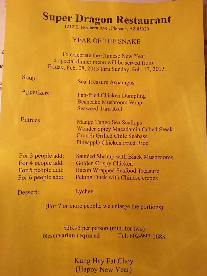 Menu at Super Dragon restaurant, Phoenix