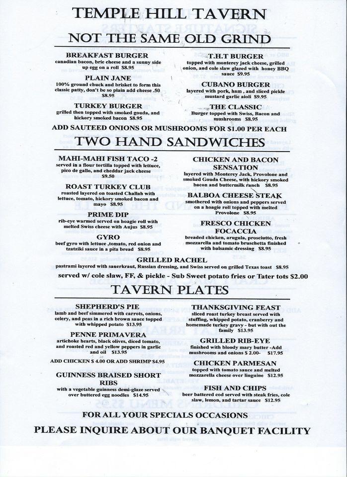 Menu at Temple Hill Tavern pub & bar, New Windsor