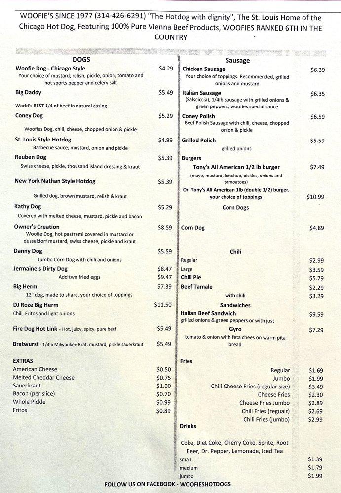 Menu at Woofies Hot Dogs restaurant, Overland