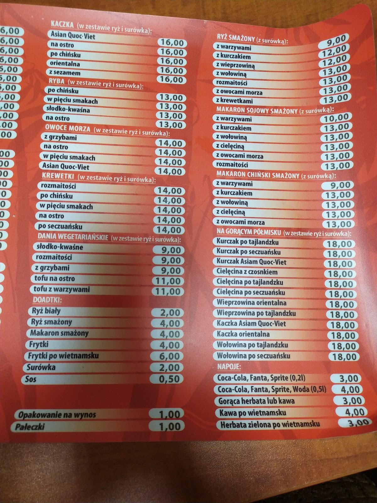 Menu at Bar Orientalny Quoc Viet, Stryków