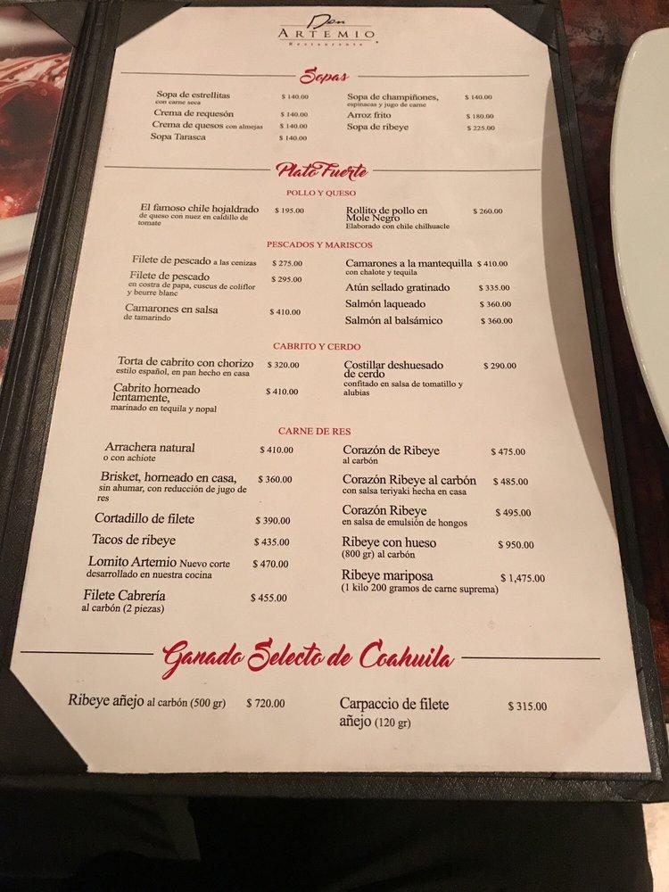 Menu at Don Artemio steakhouse, Saltillo