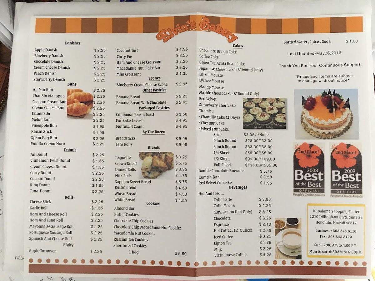 Menu at Elvin's Bakery, Honolulu