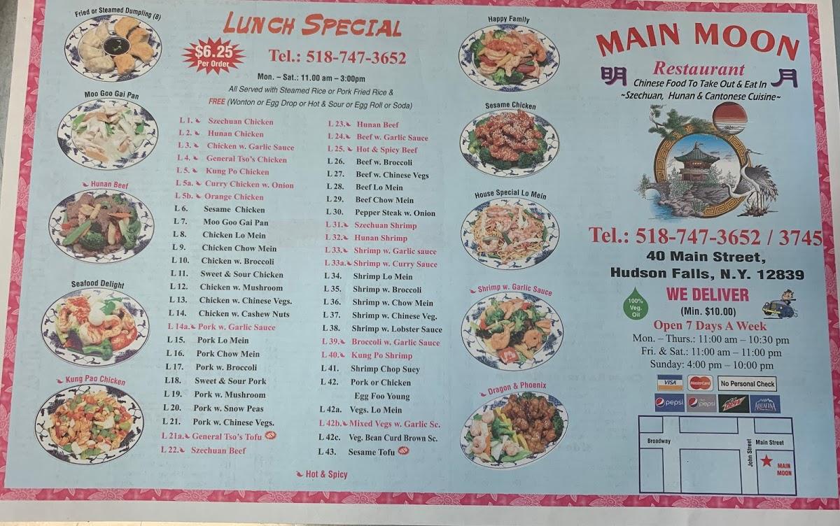 Menu at Main Moon restaurant, Hudson Falls