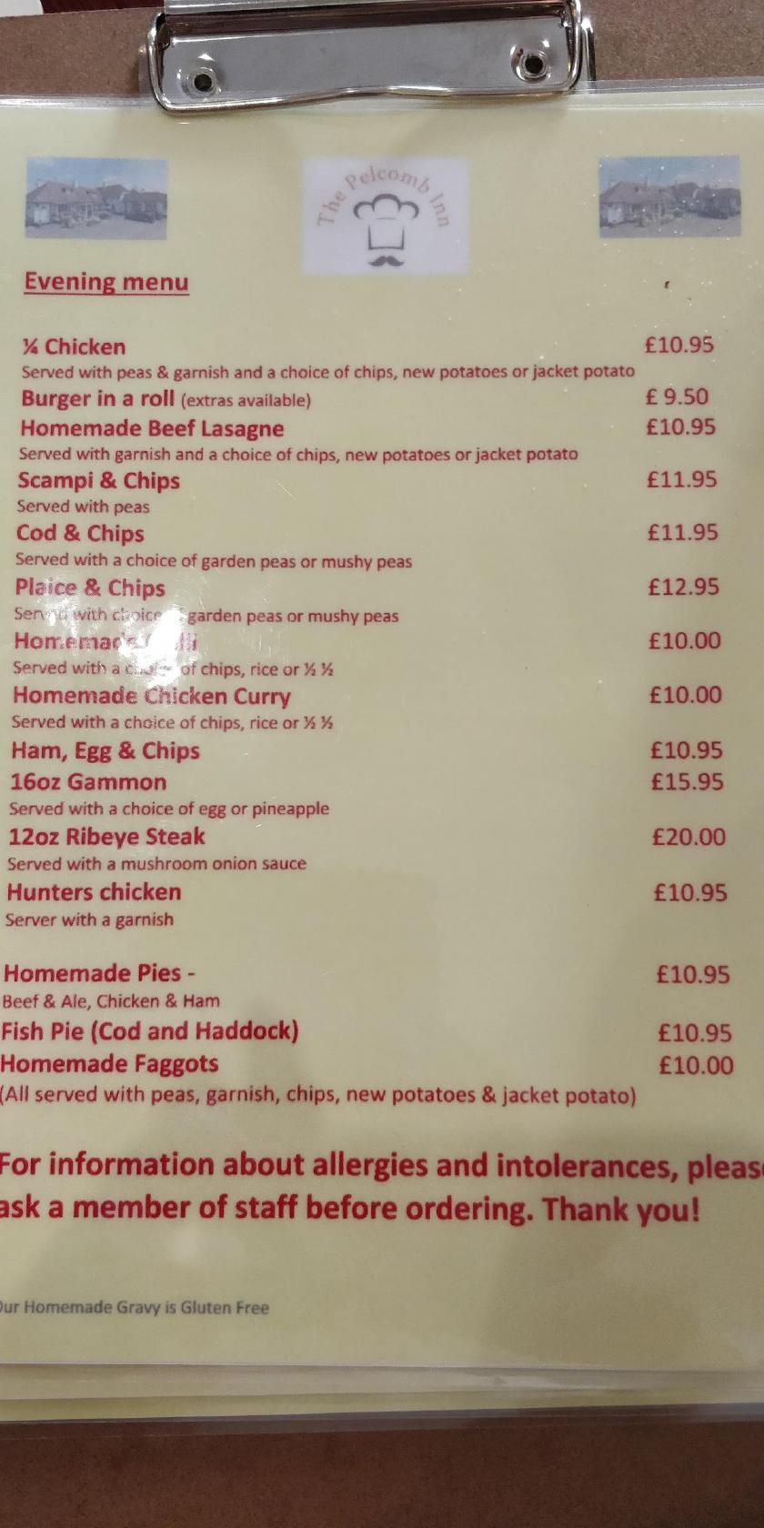 Menu at The Pelcomb Inn pub & bar, Haverfordwest, Pelcomb Cross