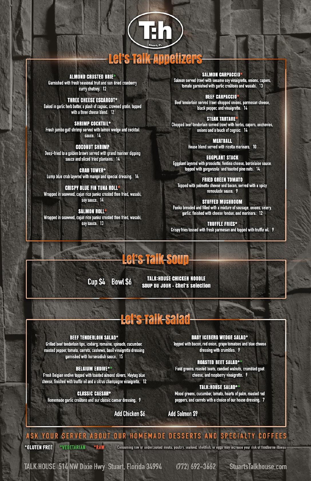 Menu at The Talk:house restaurant, Stuart
