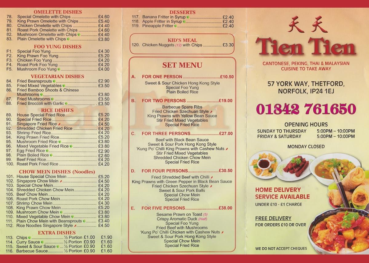Menu at New Tien Tien, Thetford