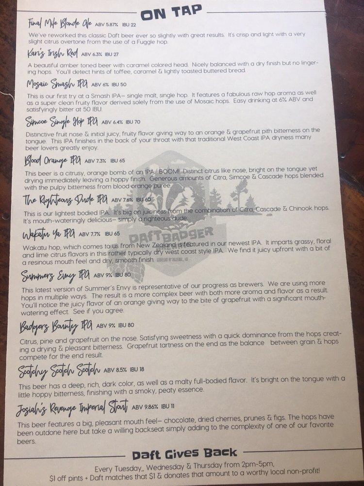 Menu at Daft Badger Brewing pub & bar, Coeur d'Alene