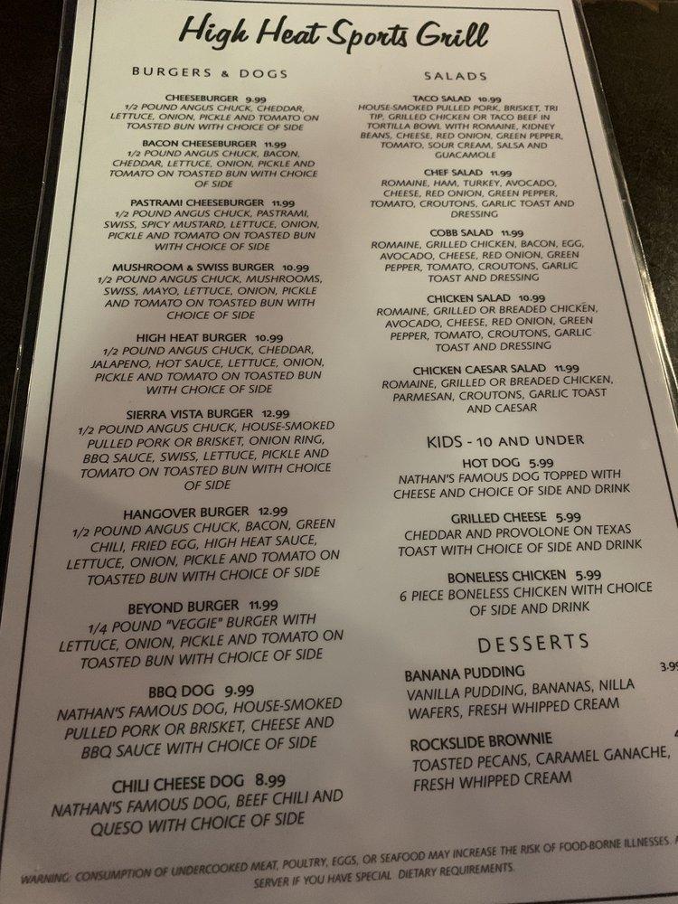Menu at High Heat Sports Grill pub & bar, Sierra Vista