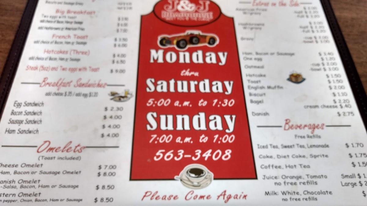 Menu at J & J Road House restaurant, Brookston