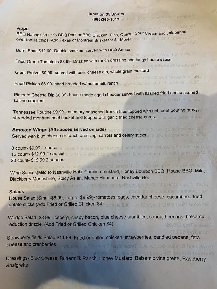 Menu at Junction 35 Spirits BBQ, Pigeon Forge